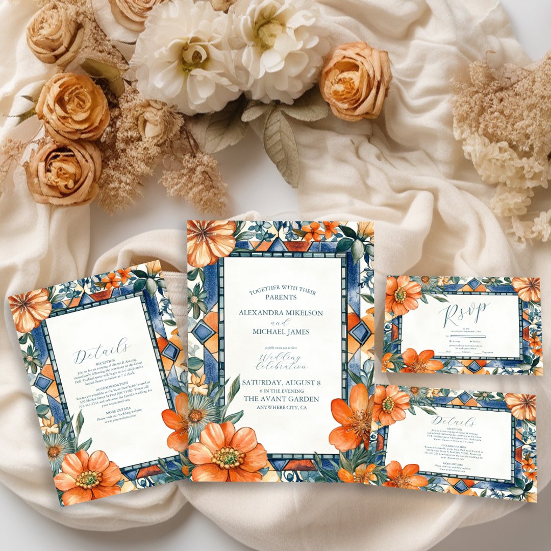 Modern Blue & White Floral Mediterranean Tiles Save The Date | Zazzle
