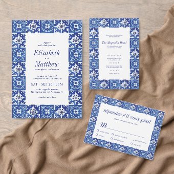Modern Blue & White Mediterranean Tiles Wedding Invitation | Zazzle