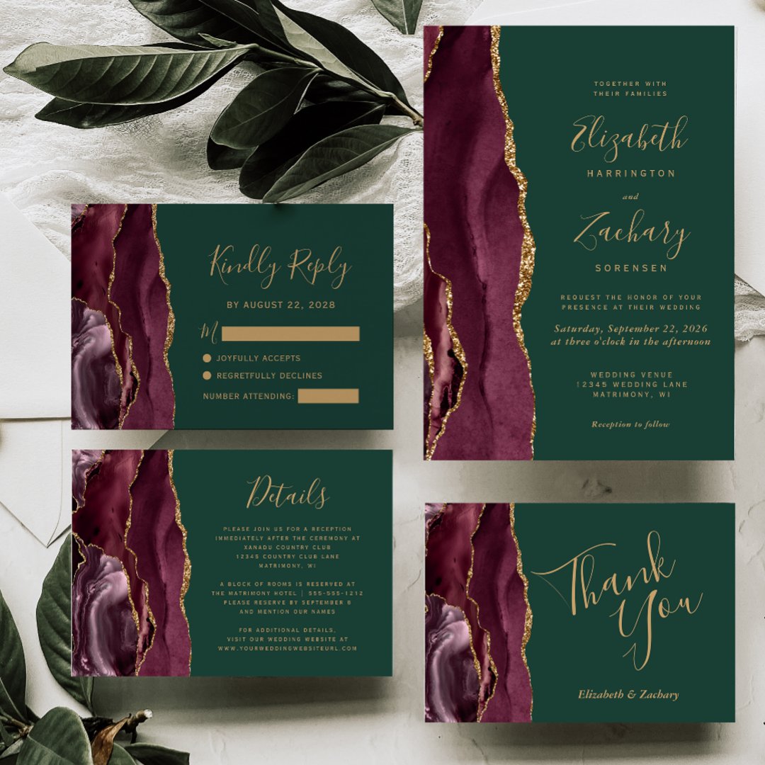 Modern Burgundy Gold Agate Emerald Green Wedding Invitation | Zazzle