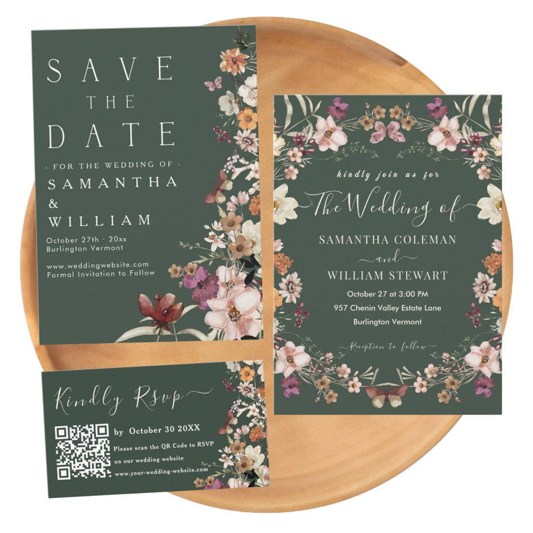 Elegant Boho Wildflower Modern Dark Green Wedding Invitation | Zazzle