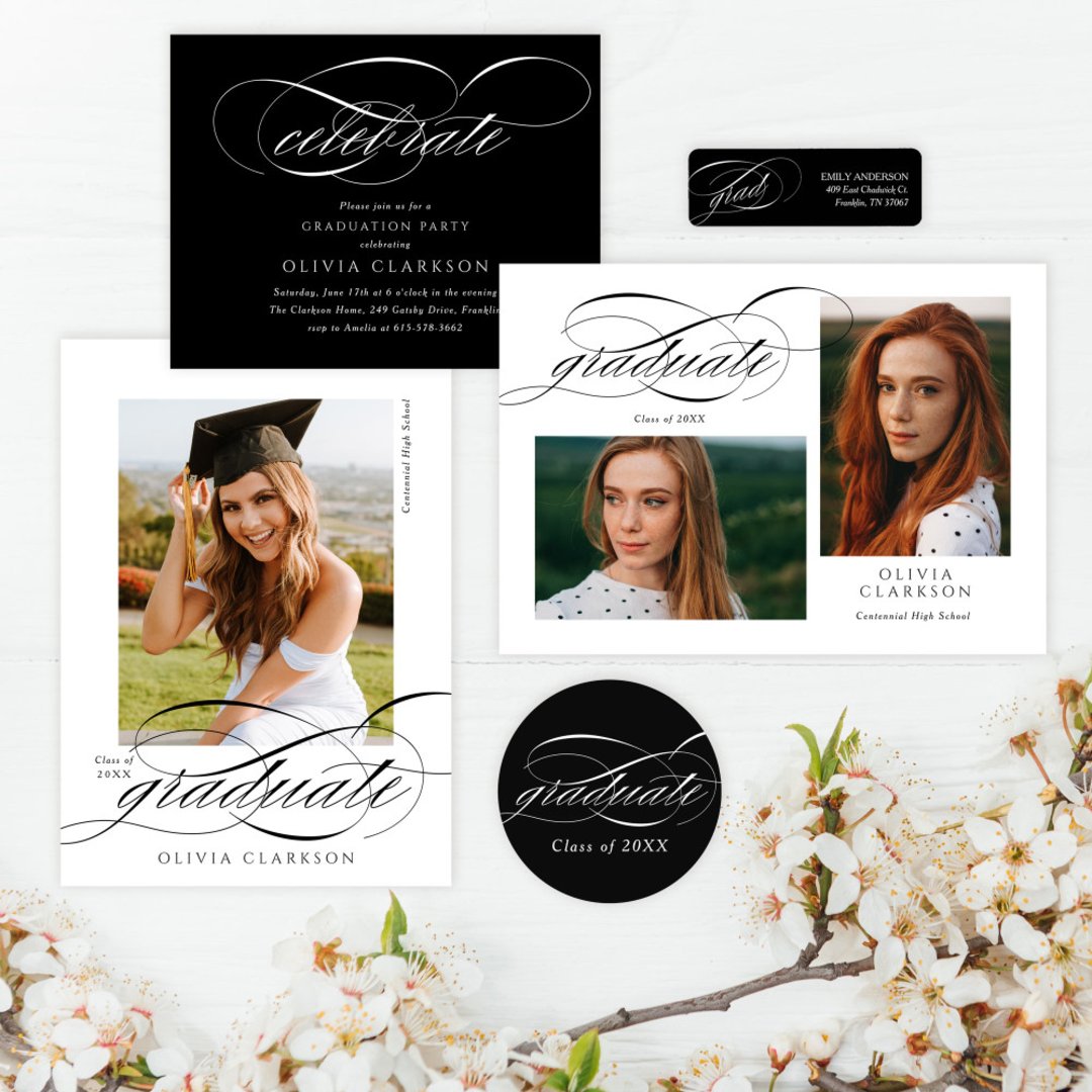 Blue Modern Elegant Script Photo Graduation Party Invitation | Zazzle