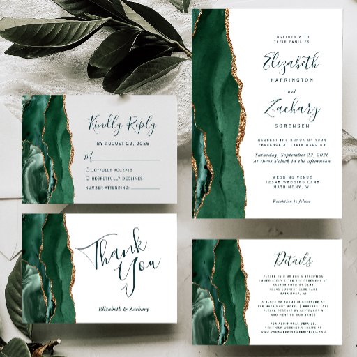 Modern Emerald Green Gold Agate Script Wedding Invitation | Zazzle