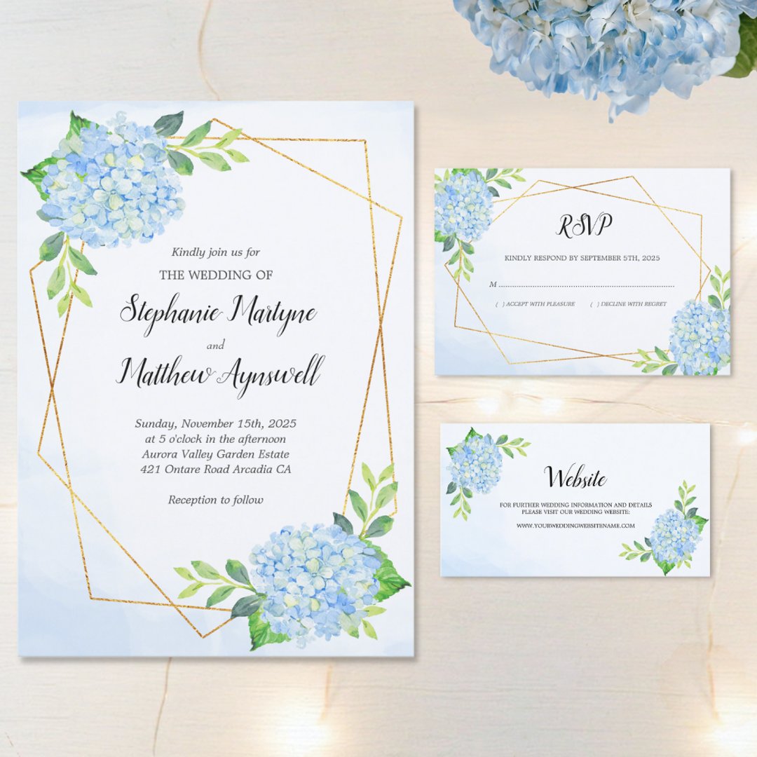 Modern Floral Geometric Blue Hydrangea Wedding Invitation | Zazzle