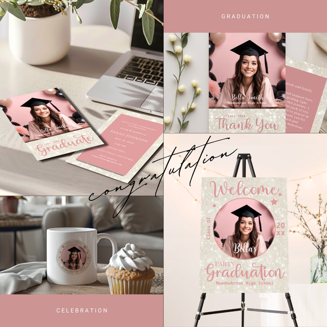 Modern Glitter Photo Pink Gift Graduation Button | Zazzle