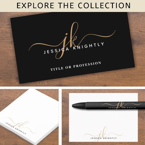 Modern Monogram Elegant Script Initials Gold Black Note Card | Zazzle