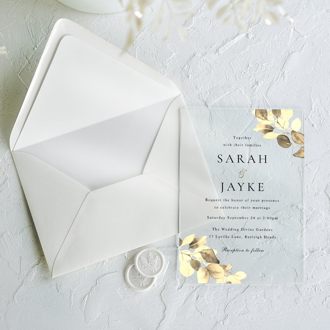 Simple Modern Minimal Gold Leaf Wedding Acrylic Invitations | Zazzle