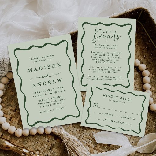 Modern Green Wavy Frame Wedding Invitation | Zazzle