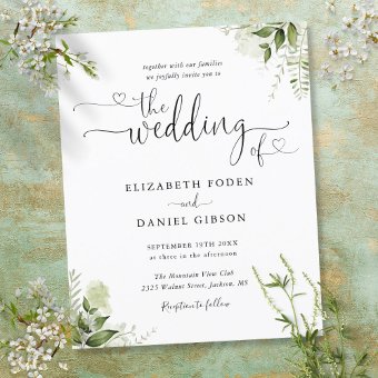 Budget Greenery Leaves Script Wedding Invitation | Zazzle