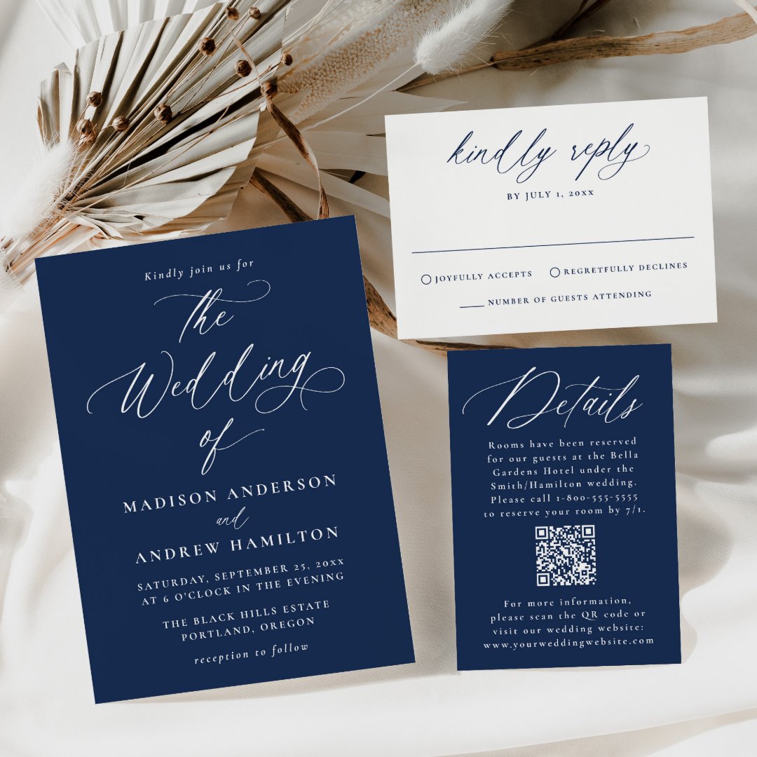 Modern Elegant Calligraphy Navy Wedding Invitation | Zazzle