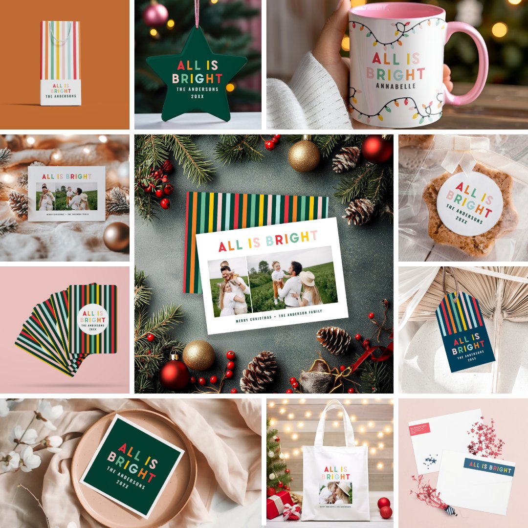 Christmas rainbow colorful bright 1 photo modern holiday card | Zazzle