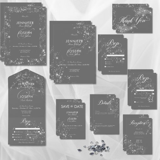 Modern Minimal Gray & White Glam Diamonds Wedding Invitation | Zazzle