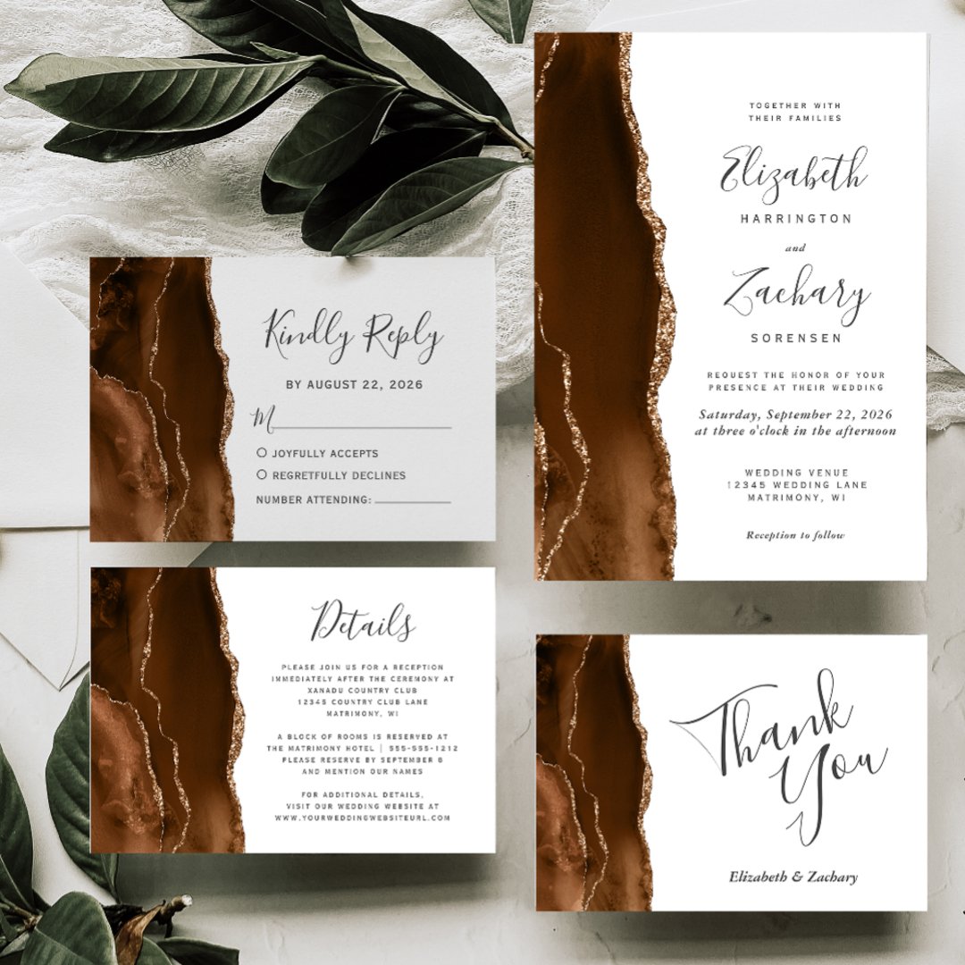 Modern Mocha Brown Gold Agate Tan Wedding Invitation | Zazzle