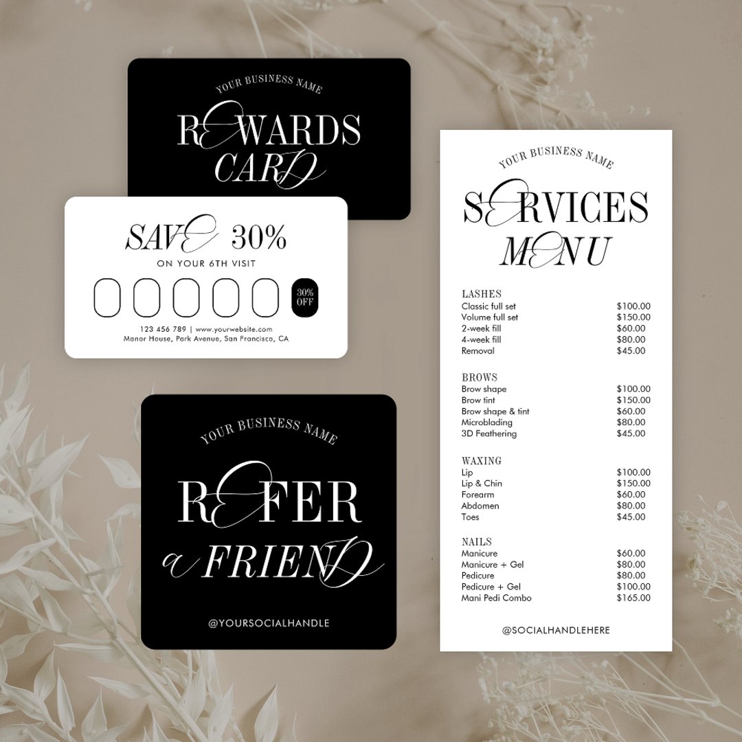 Minimal Nostalgic Calligraphy Black & White Salon Loyalty Card | Zazzle