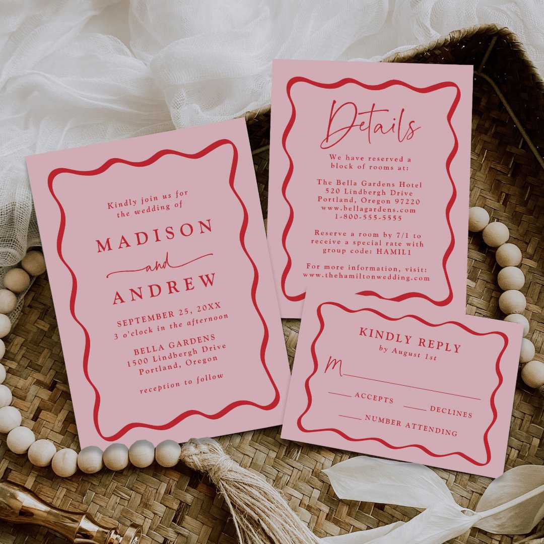 Modern Pink and Red Wavy Frame Wedding Invitation | Zazzle