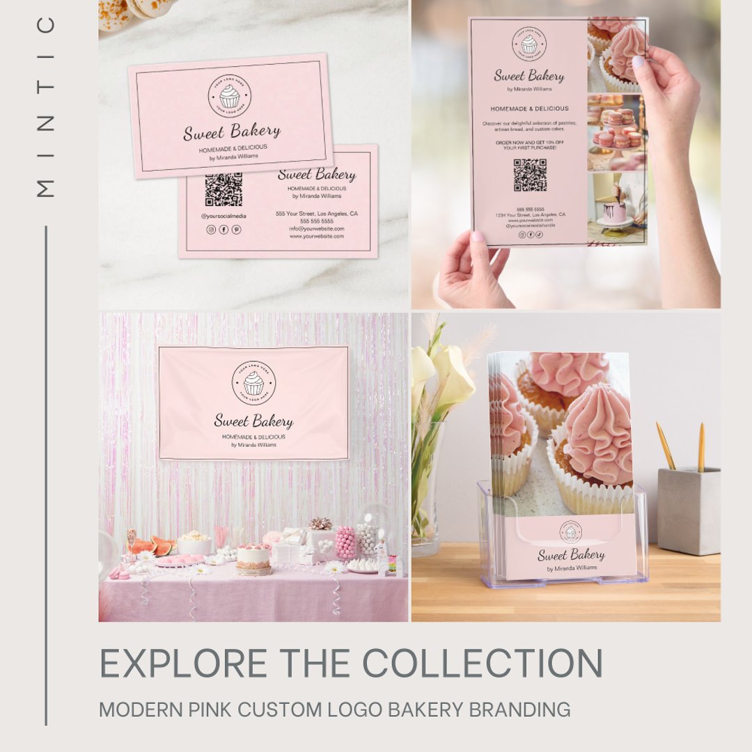 Modern Bakery Logo QR Social Media Icons Pink Business Card | Zazzle