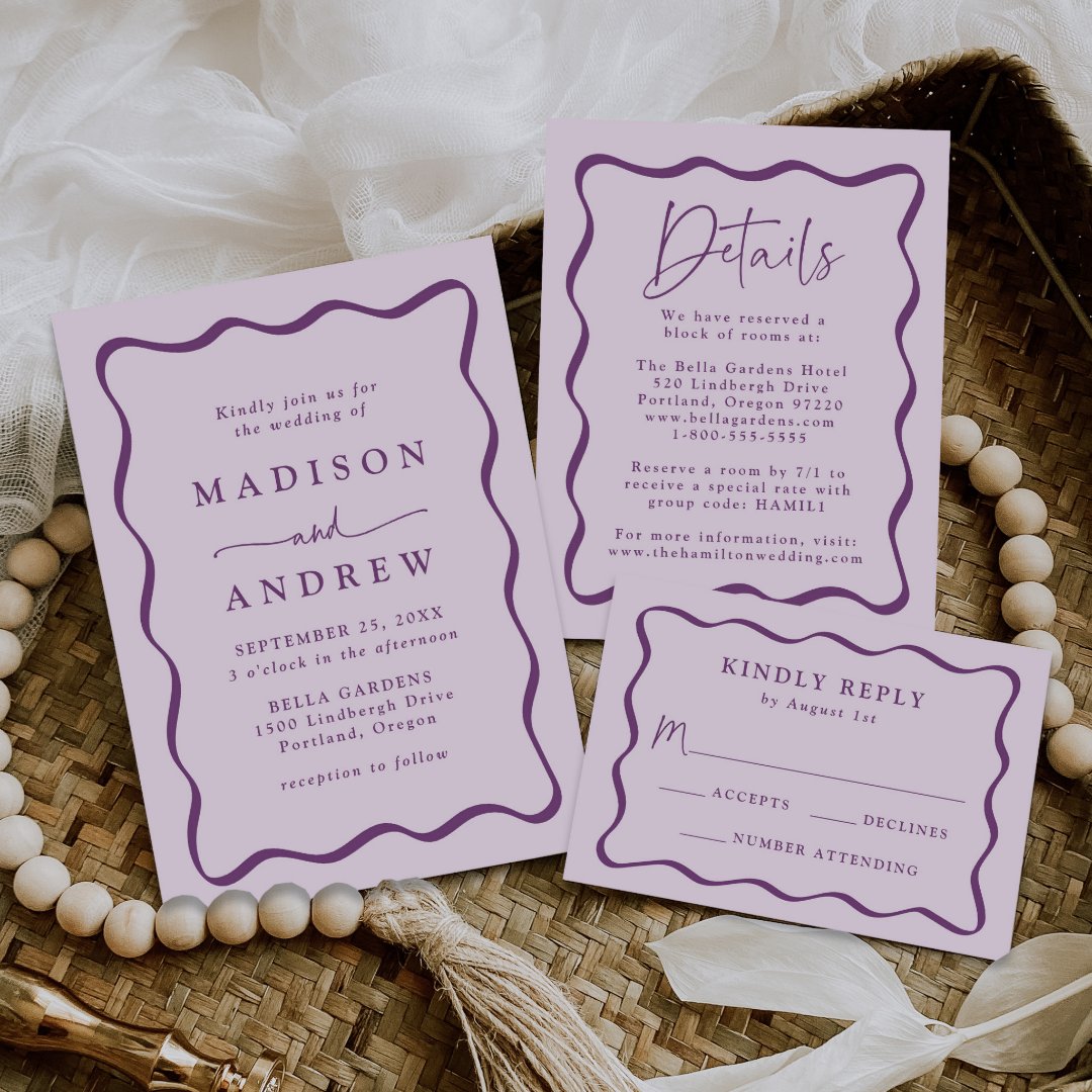 Modern Purple Wavy Frame Wedding Details Enclosure Card | Zazzle
