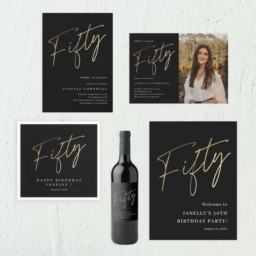 Modern 50th birthday simple stylish elegant script invitation postcard ...