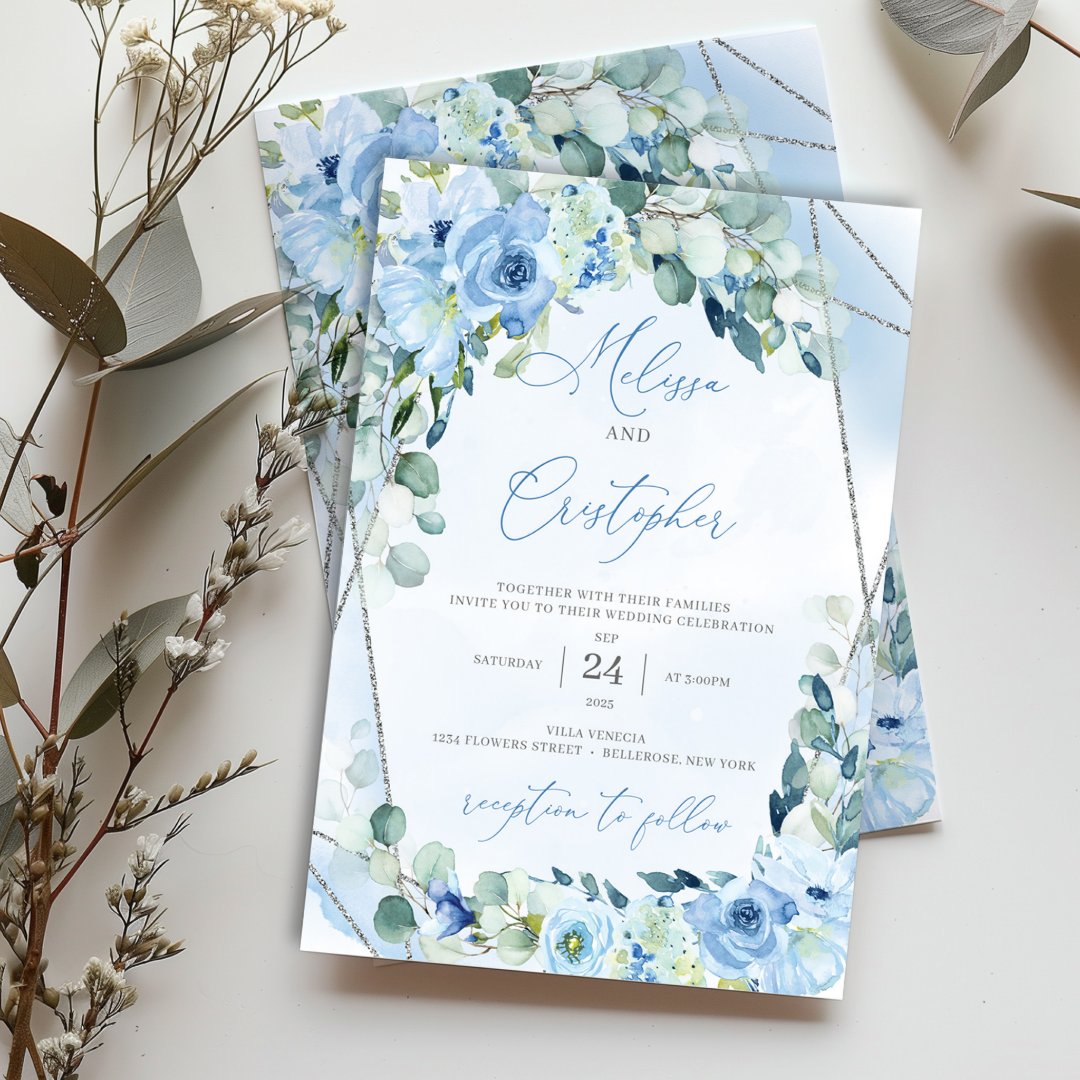 Dusty Blue Floral Silver Geometric Frame Wedding Invitation | Zazzle