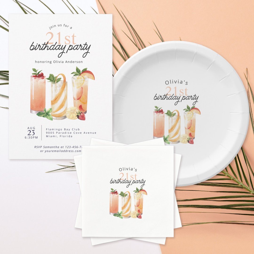 Modern Summer Cocktails 21st Birthday Party Invitation | Zazzle