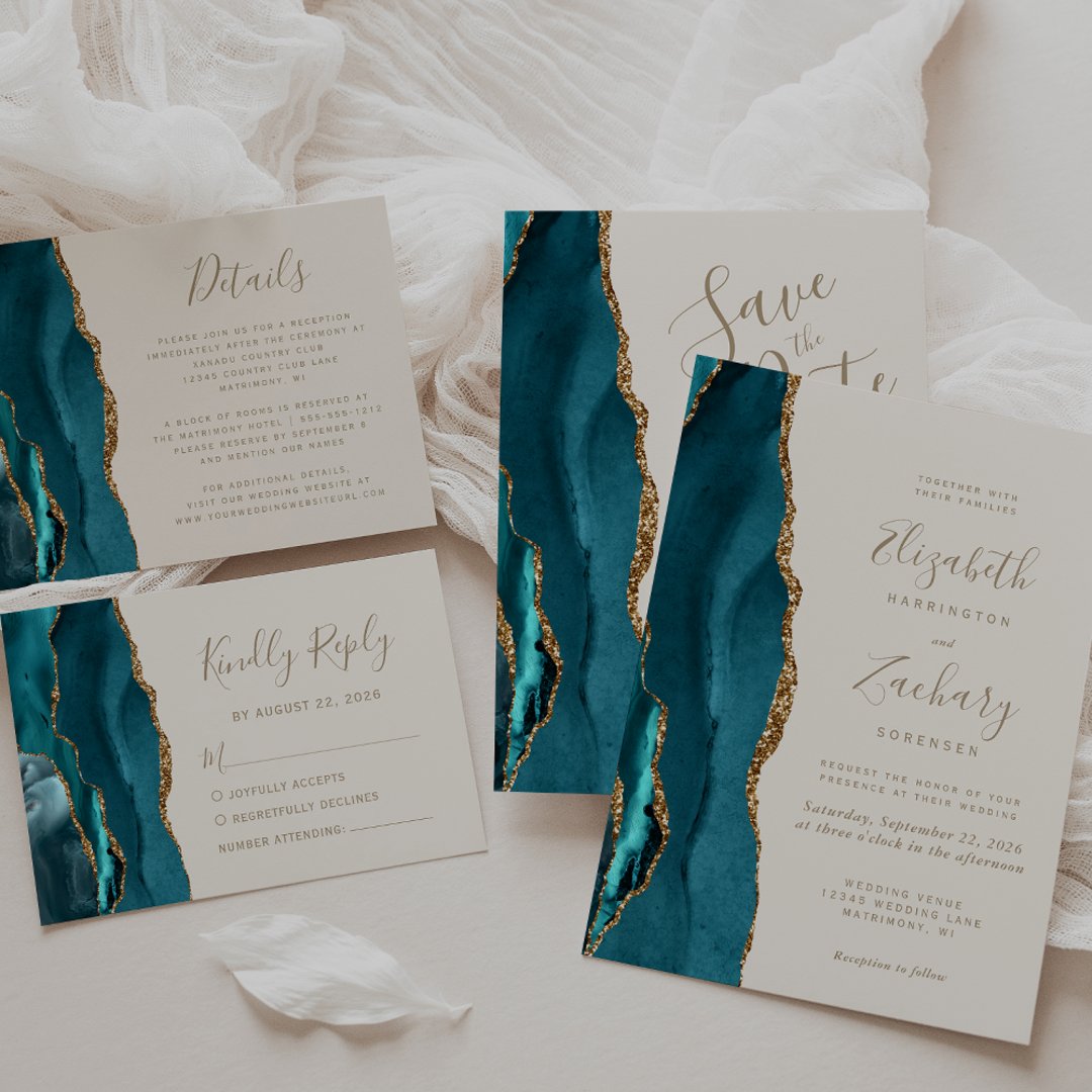 Modern Teal Gold Agate Ivory Wedding Invitation | Zazzle