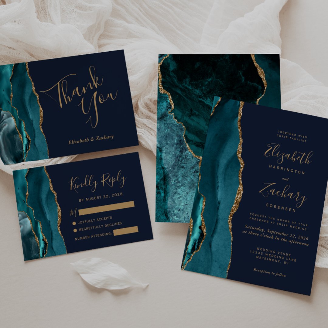 Modern Teal Blue Gold Agate Navy Blue Wedding Foil Invitation | Zazzle