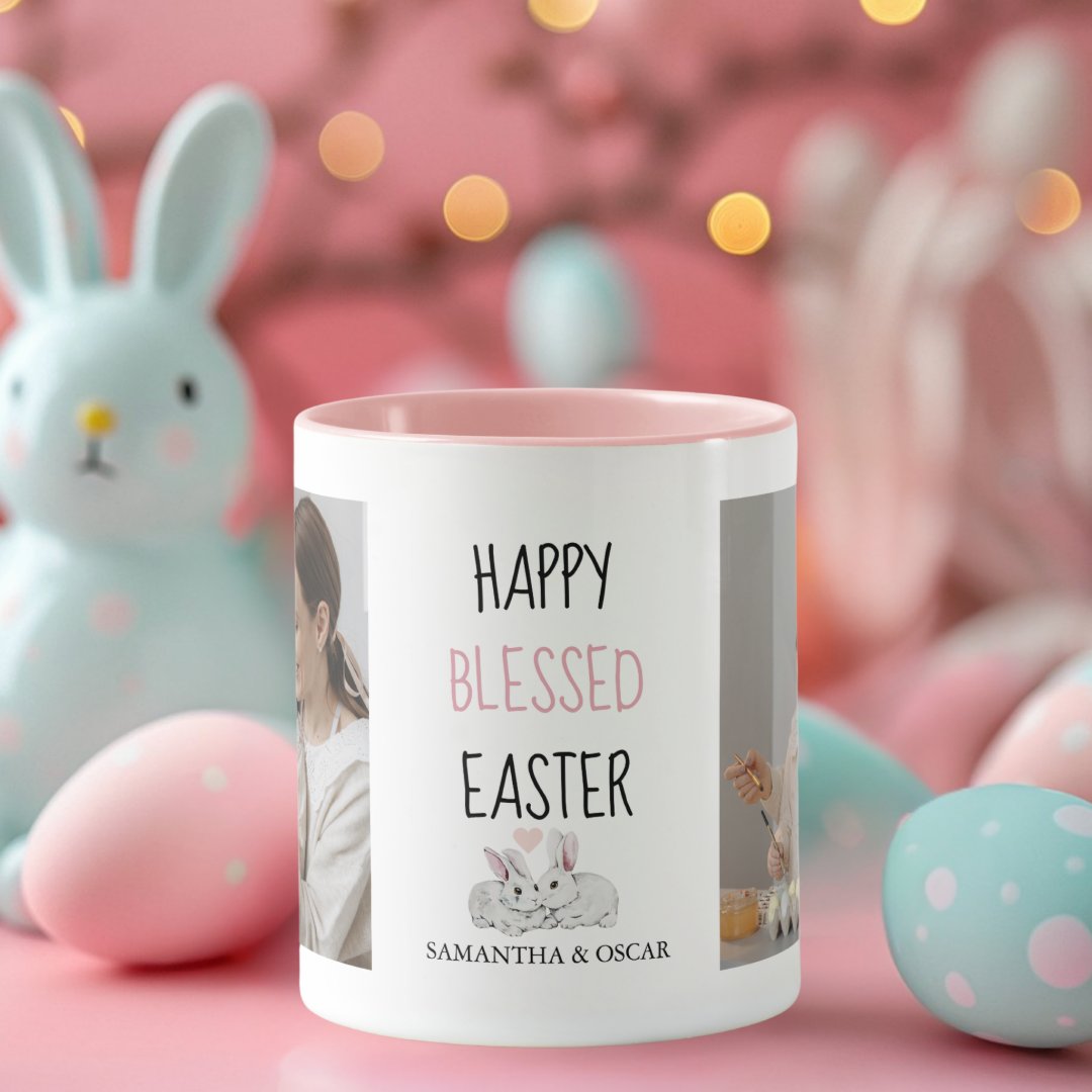 Modern Two Photo | Happy Blessed Easter | Bunny Travel Mug | Zazzle