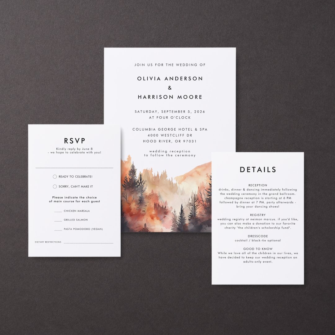 Modern Watercolor Fall Mountain QR Code Wedding Invitation | Zazzle