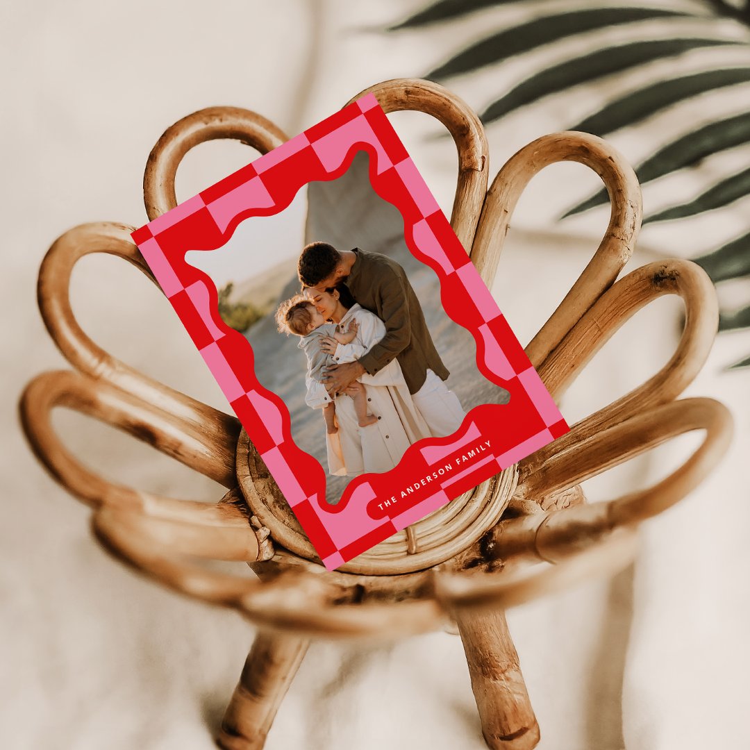 Modern wavy edge check minimal photo Christmas Holiday Card | Zazzle