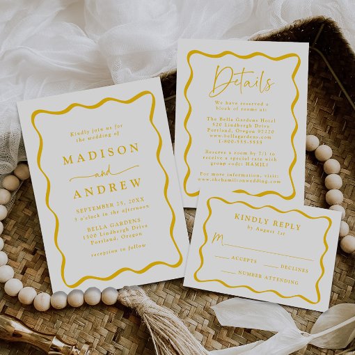 Modern Yellow Wavy Frame Wedding Place Card | Zazzle