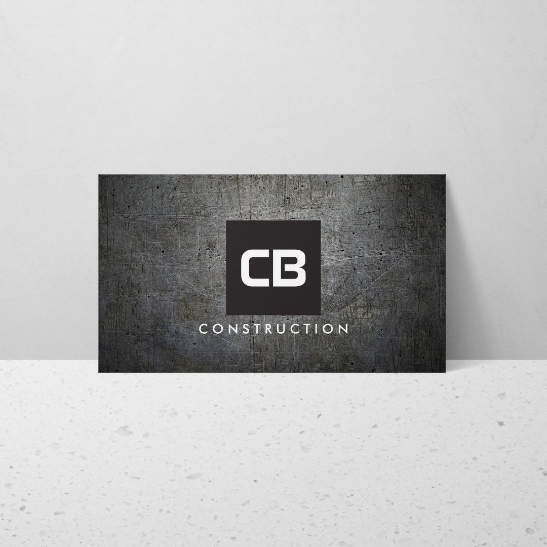 Black Square Monogram Grunge Metal Construction Business Card | Zazzle