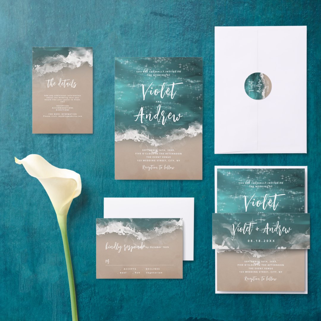 Abstract sparkling moody ocean beach wedding invitation | Zazzle