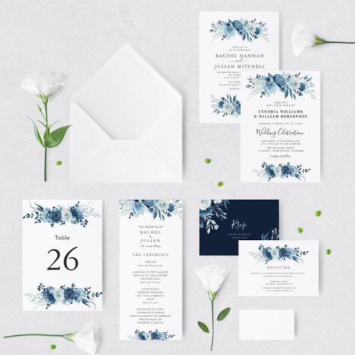 moonlight blue floral wedding reception card | Zazzle