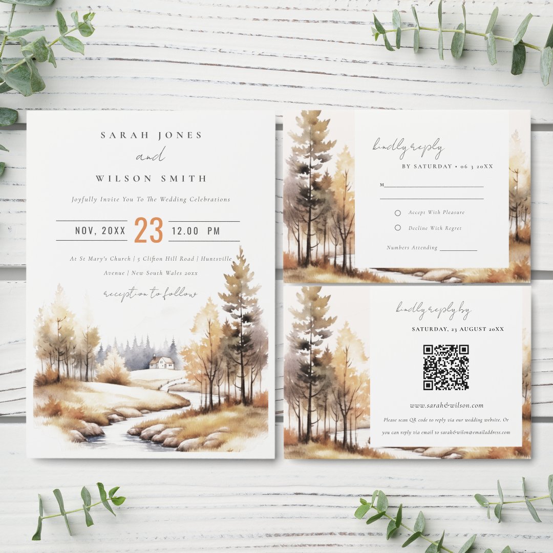 Chic Fall Autumn Landscape Wedding QR Code RSVP Enclosure Card | Zazzle