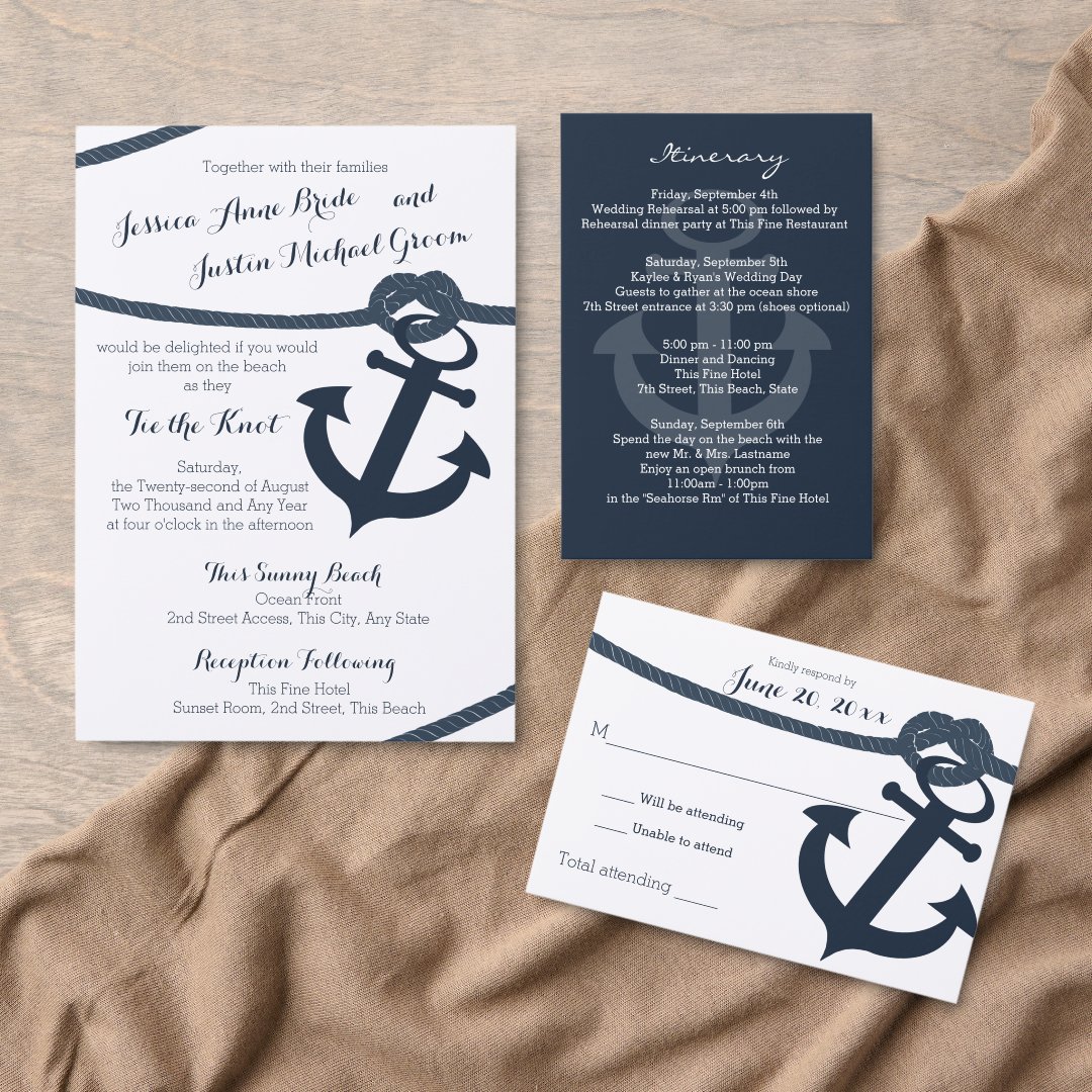 Nautical Rope and Anchor Dark Navy Wedding Invitation | Zazzle