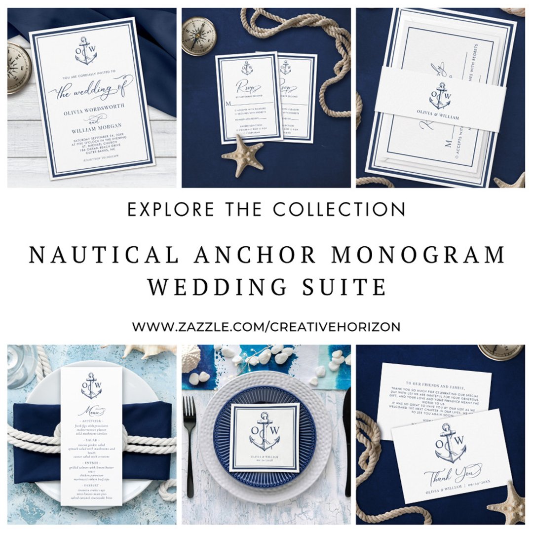 Nautical Anchor Monogram White Navy Wedding All In One Invitation | Zazzle
