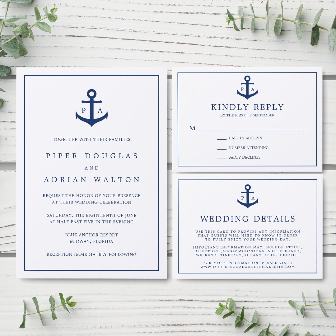 Modern Monogram Nautical Anchor Elegant Wedding Invitation | Zazzle