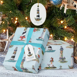 Nautical Christmas Lighthouses Watercolor Coastal Wrapping Paper Sheets ...