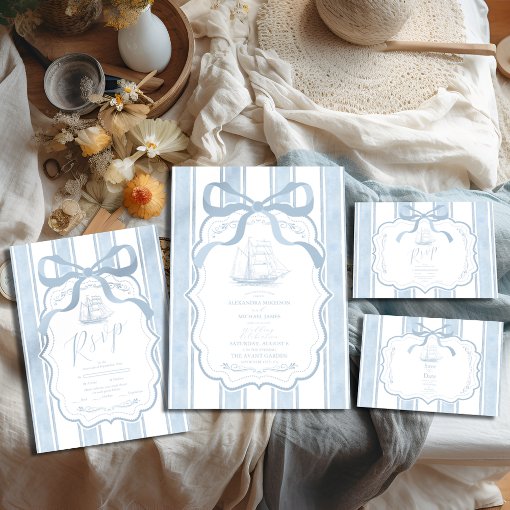 Nautical Navy White Stripes Boat Wedding Invitation | Zazzle