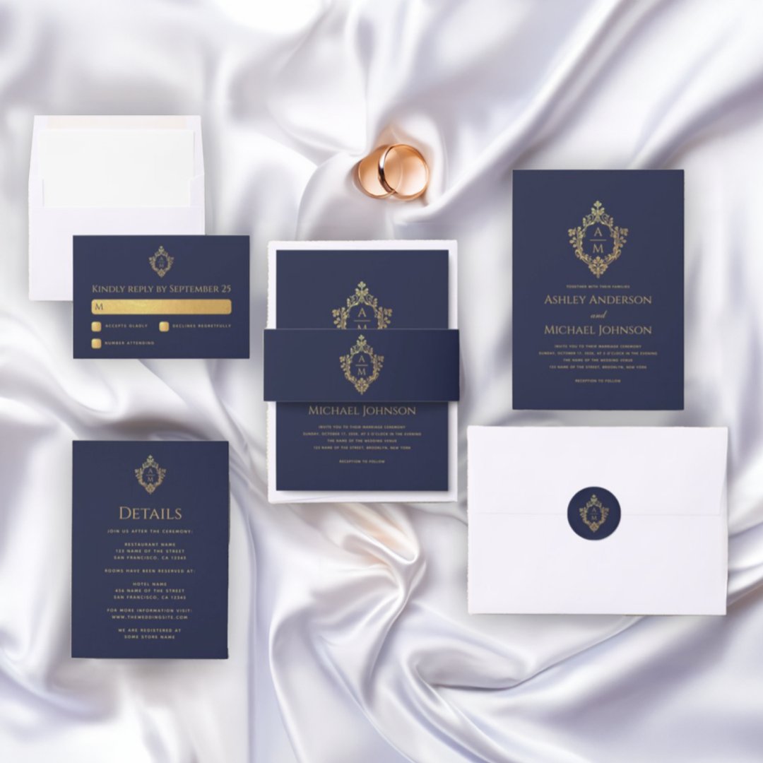 Vintage Monogram Crest Navy Blue Faux Gold Wedding Invitation | Zazzle