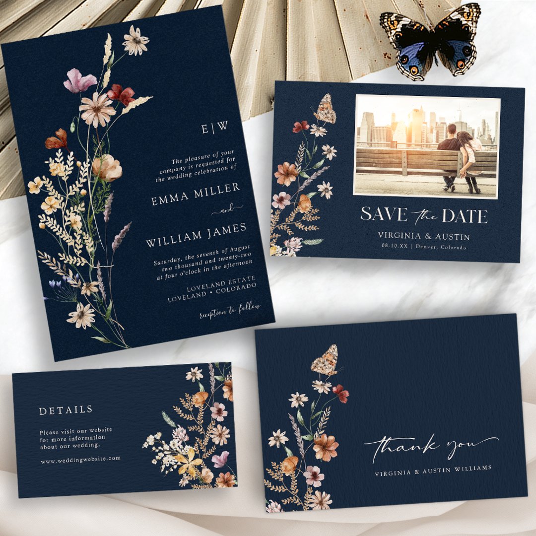 Navy Boho Wildflowers Wedding Invitation | Zazzle