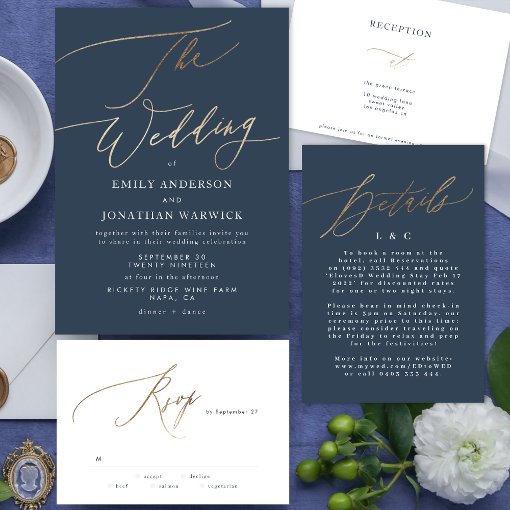 Navy Blue Elegant Gold The Wedding Invitation | Zazzle