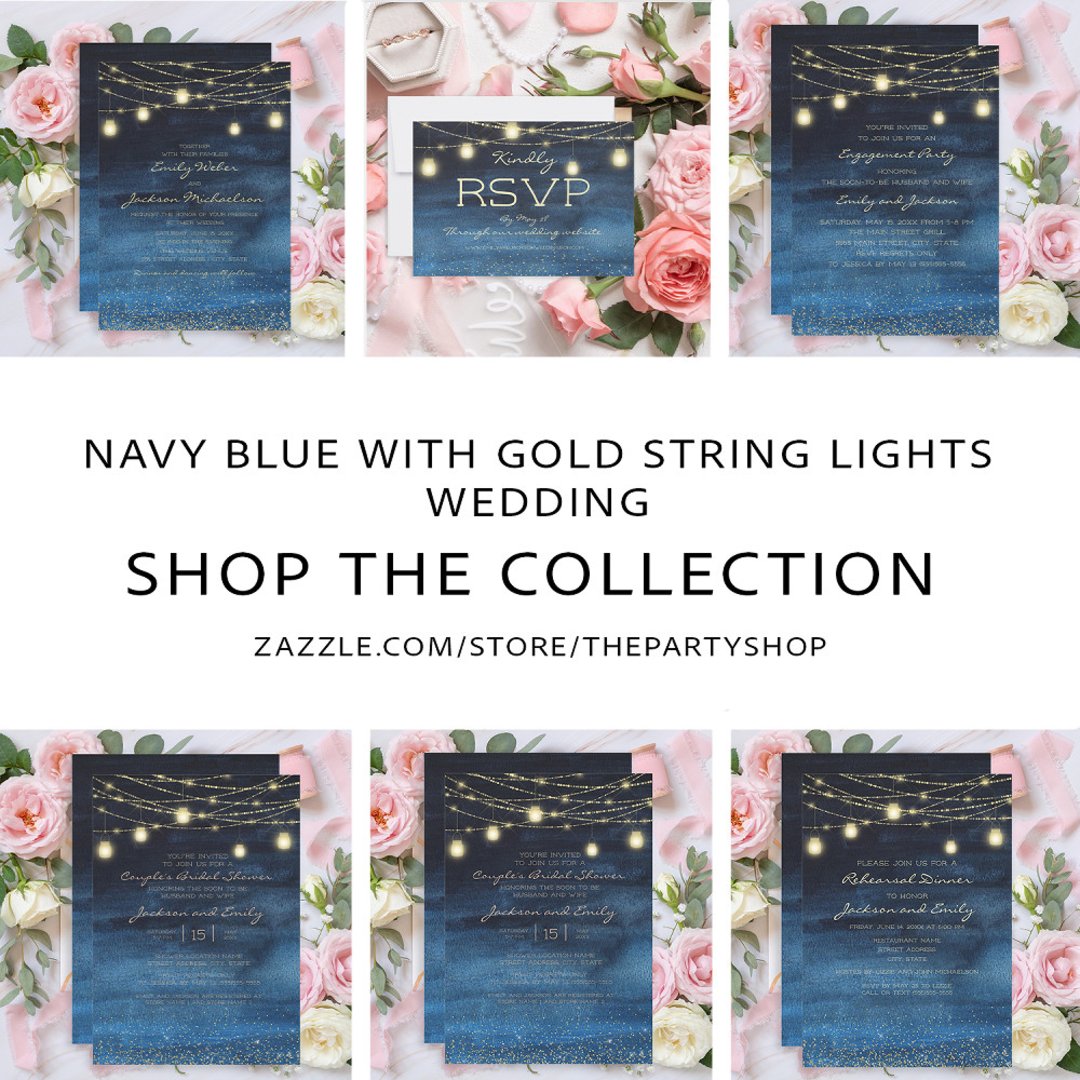 Navy Blue Gold String Lights Couple's Bridal Invitation | Zazzle
