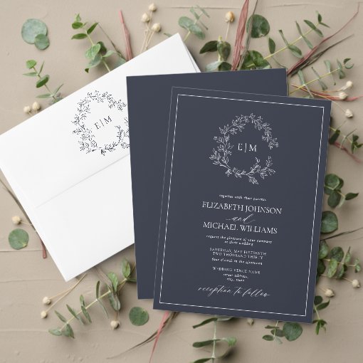 Formal Navy Blue Leafy Crest Monogram Wedding Invitation | Zazzle
