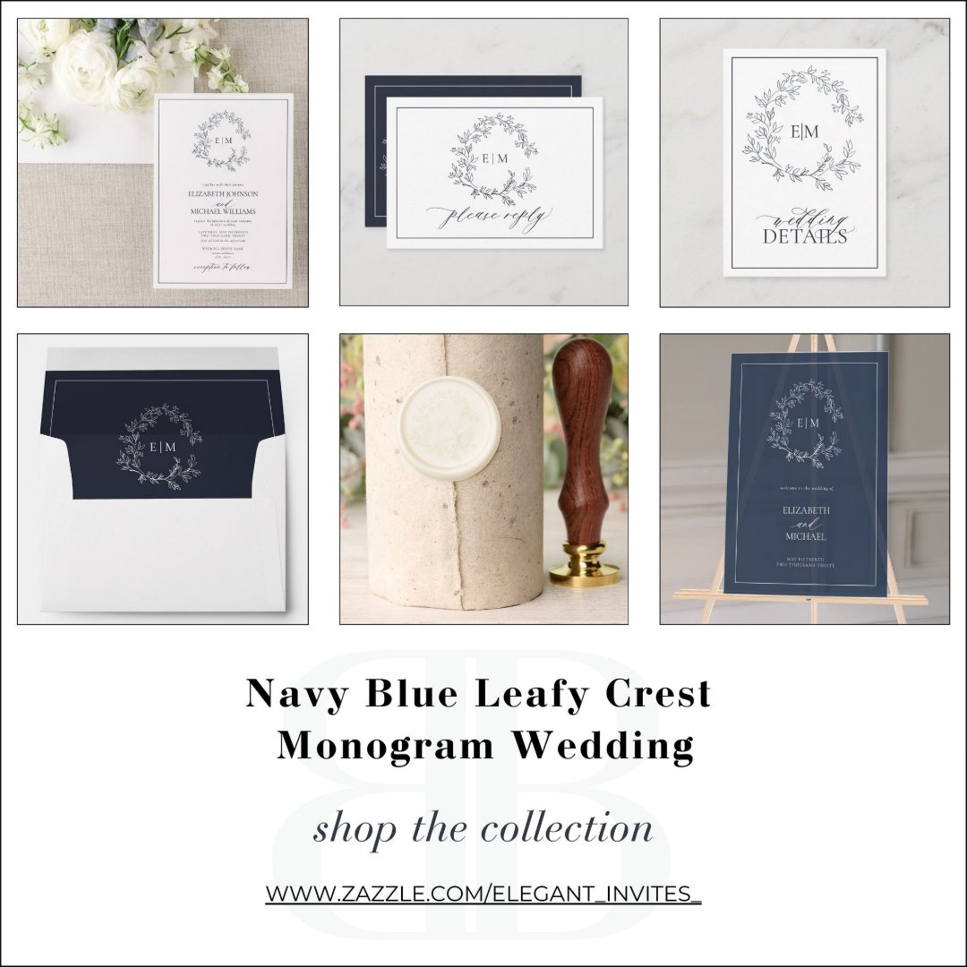 Formal Navy Blue Leafy Crest Monogram Wedding Invitation | Zazzle