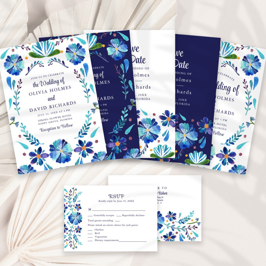 Blue and White Mexican Floral Fiesta Wedding Invitation | Zazzle
