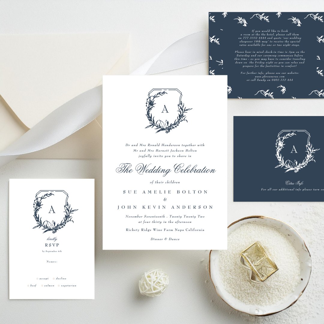 classic leafy crest wedding navy blue monogram invitation | Zazzle