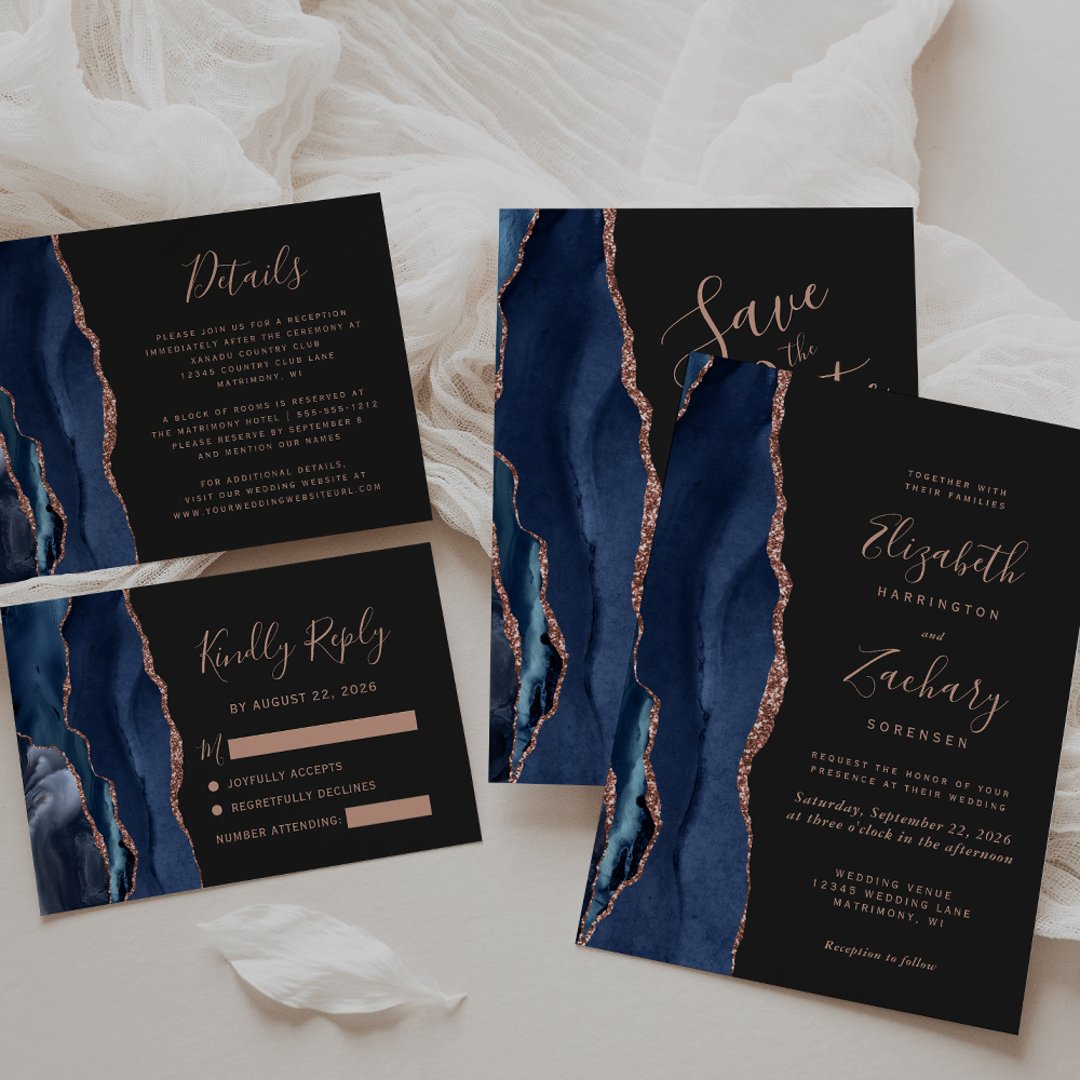 Modern Navy Blue Agate Rose Gold Dark Wedding Invitation | Zazzle