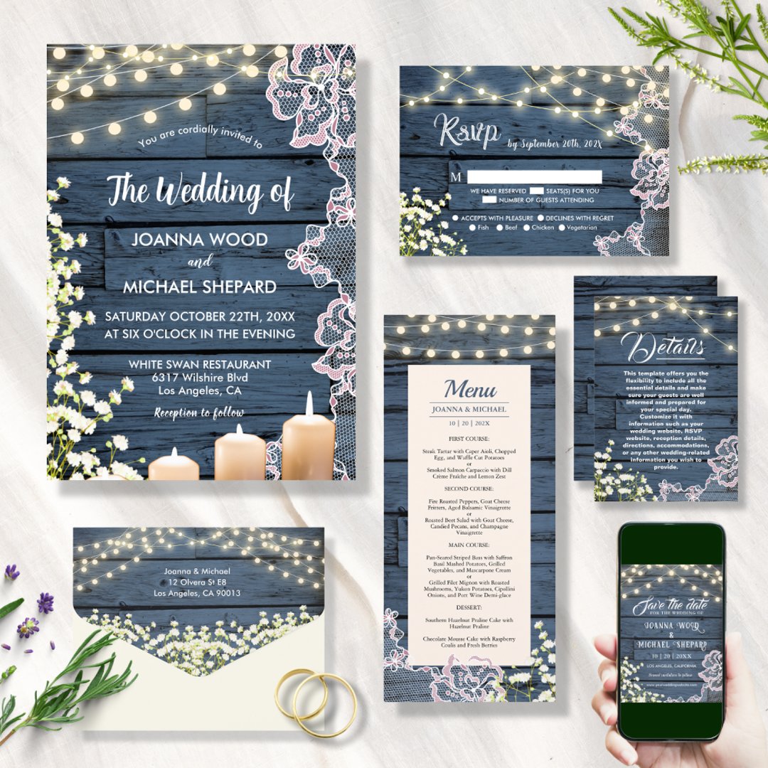String Lights Candles & Lace Rustic Blue Wedding Invitation | Zazzle