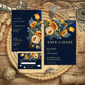 Fall wedding navy blue yellow sunflower all in one invitation | Zazzle