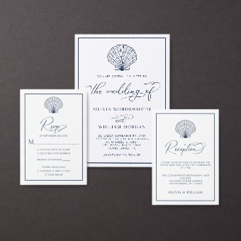 Navy Blue Beach Seashell Elegant Wedding RSVP Card | Zazzle